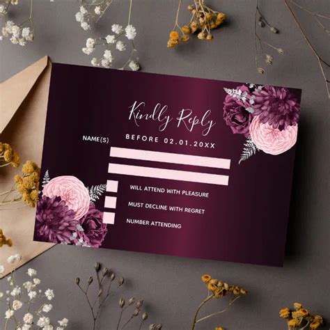 Burgundy Pink Silver Floral Wedding RSVP Note Card Zazzle