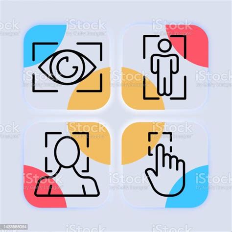 식별 세트 아이콘입니다 Dna Rna 얼굴 인식 두 가지 요소 검증 지문 생체 인식 펄스 얼굴 Id 인증 개념 신형 스타일 벡터 선 아이콘 3차원 형태에 대한 스톡 벡터