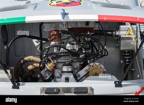 Colseup Detail Of The Tuned Engine Of The Classic Small Sports Car Fiat