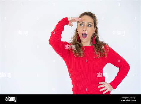 Surprised Amazed Beautiful European Woman With Wide Open Mouth Smiling