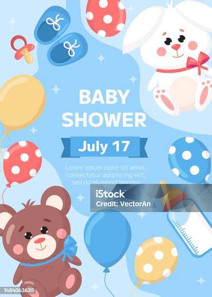 벡터 베이비 샤워 초대장 템플릿입니다 만화 유치한 장난감 곰 토끼 풍선 어린이 부티 젖꼭지 파란색 배경에 병 A4 배경 전단지 행사용 브로셔 0명에 대한 스톡 벡터 아트 및