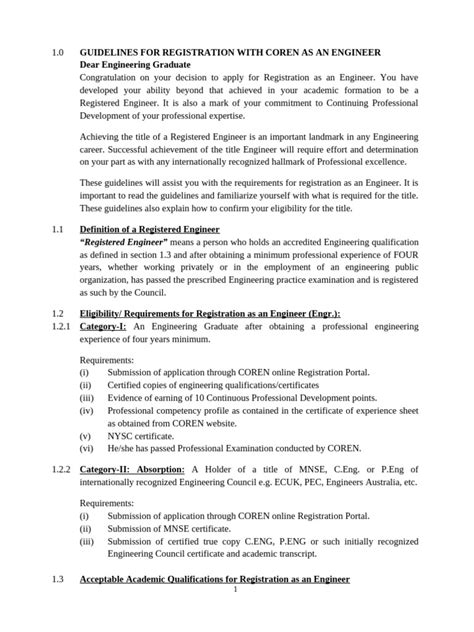 Coren Registration Guidelines For Engineers Pdf Engineer Engineering