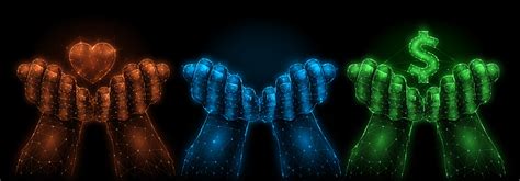 사랑 희망 및 부의 개념 인간의 손의 다각형 벡터 일러스트레이션은 손바닥을 들어 올리고 심장과 달러 기호를 들고있었습니다 주기에
