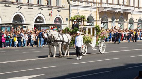 상트페테르부르크 러시아2019 년 6 월 12 일 꽃 축제입니다 네 브 스키 전망 많은 사람들이 축제에 왔습니다 말 마차 꽃