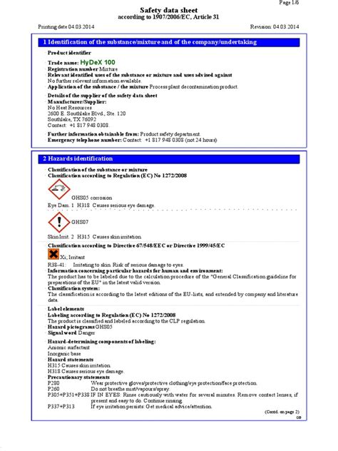 Safety Data Sheet For Hydex 100 Process Plant Decontamination Product Pdf Personal