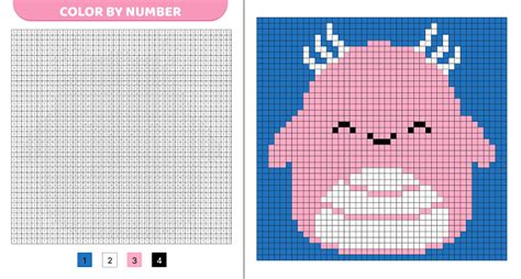 뉴트 스퀴시멜로 숫자로 색칠하기 픽셀 색칠 공부 번호가 매겨진 사각형 아이들을 위한 게임 모자이크 처리에 대한 스톡 벡터 아트 및 기타 이미지 Istock