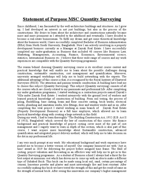Msc Quantity Surveying Statement Of Purpose Pdf Academic Degree