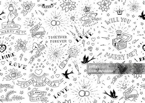 Old School Tattoos Seamles Pattern With Birds Flowers Roses And Hearts