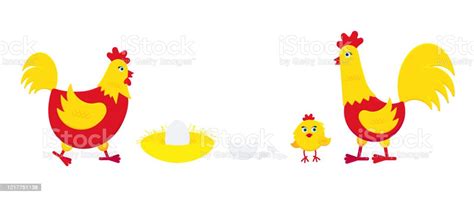 깨진 계란 둥지 수탉 수탉과 작은 병아리 플랫 스타일 디자인 벡터 일러스트와 노란색과 빨간색 닭 닭 농사 가금류 아이콘 표지판입니다 흰색 배경에 고립 된 국내 조류 0명에