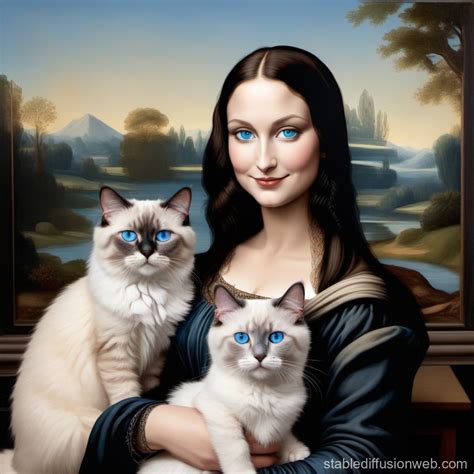 Mona Lisa Smile With 5 Ragdoll Cats With Blue Eyes Around Her And One