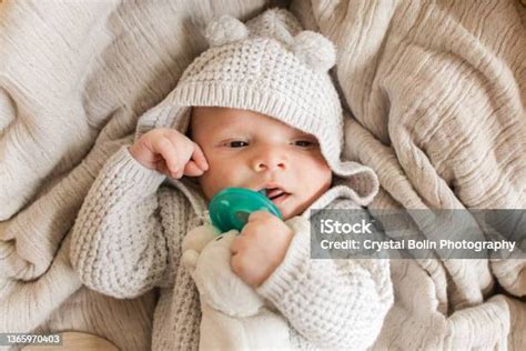 고리버들 모세 바구니에 아늑한 가지 면 담요에 누워 있는 한 달 된 신생아 아기 소년 1개월에 대한 스톡 사진 및 기타 이미지