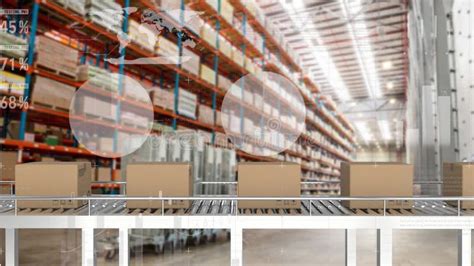 Animation Of Data Processing And World Map Over Boxes On Conveyor Belt