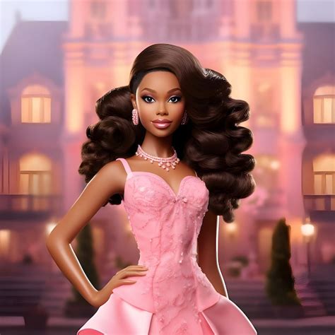Premium Photo Barbie Doll With Long Brown Hair Dressed In A Long Pink