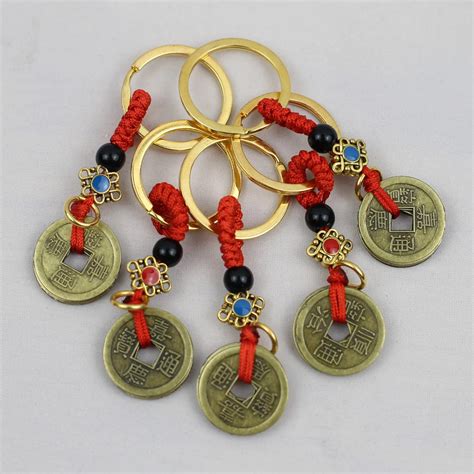 5pcs Vintage Copper Keychains Chinese Feng Shui Ornaments Antique Coins