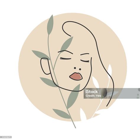 여성 초상화 라인 아트 개념 신선한 나뭇잎을 가진 잠자는 편안한 여자 예쁜 얼굴의 스티커 연속 라인 뷰티 살롱 스파 화장품에