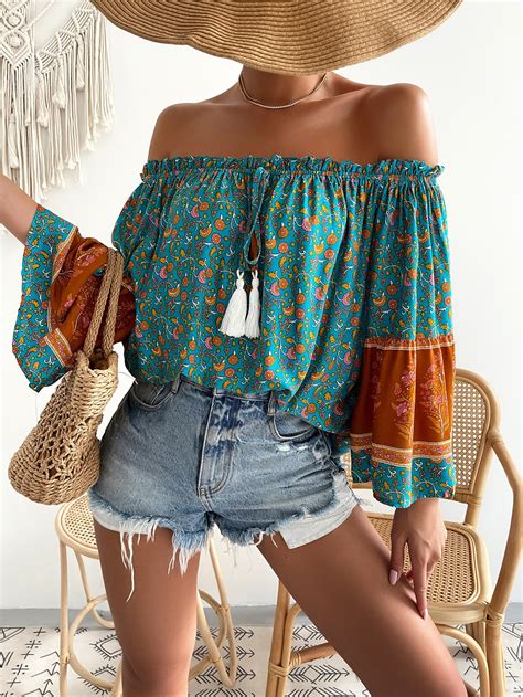 SHEIN VCAY Blusa con estampado floral de hombros descubiertos con fleco con cordón delantero