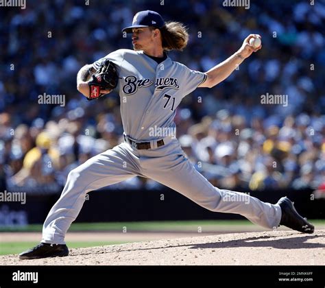 Milwaukee Brewers Relief Pitcher Josh Hader Throws To The Plate Against The San Diego Padres