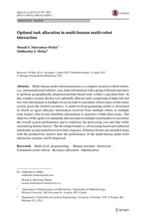Pdf Optimal Task Allocation In Multi Human Multi Robot Interaction
