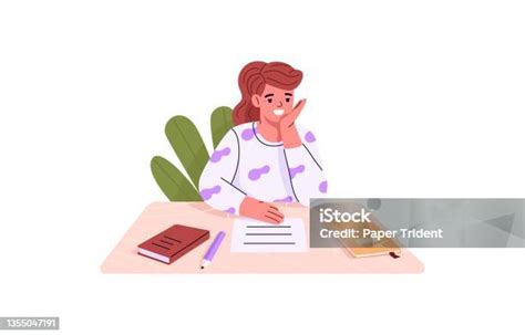 책상에 앉아 공부하는 여학생 테이블에 책과 종이와 행복 미소 학교 숙제를하는 아이 긍정적 인 학생 흰색 배경에 격리된 플랫 벡터