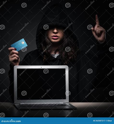 Female Hacker Hacking Security Firewall Late In Office Stock Image