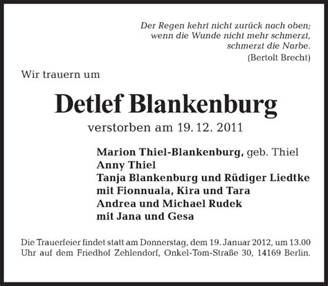 Traueranzeigen Von Detlef Blankenburg Tagesspiegel Trauer