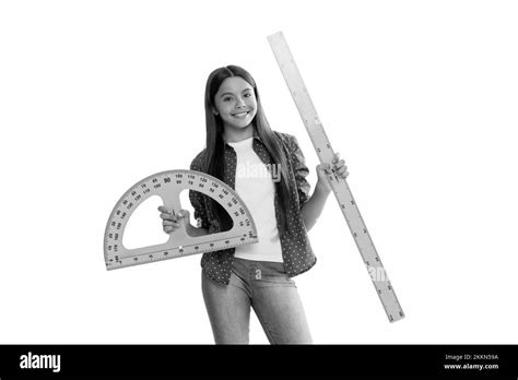 Happy Teen Girl Hold Protractor Ruler Measuring Size And Angle Degree