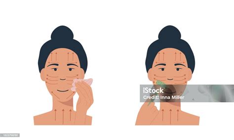 비취 얼굴 롤러와 구아 샤 돌 스크레이퍼를 가진 여자 얼굴 요가 그녀의 얼굴을 마사지 하는 소녀 침술 안티 에이징 전통 한의학 자기 관리 방법 흰색에 벡터 평면 그림 개성