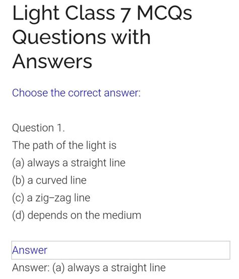 Light Class 7 Mcqs Questions With Answers Choose The Correct Answer Ques