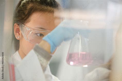 Girl Babe Examining Pink Liquid Conducting Scientific Experiment In Laboratory Classroom