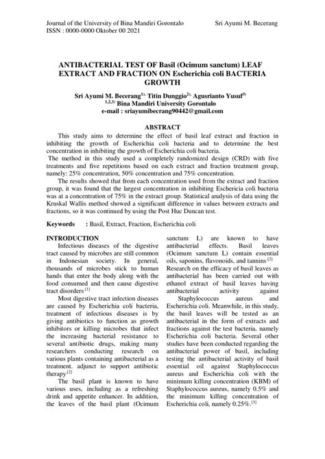 Pdf Antibacterial Test Of Basil Ocimum Sanctum Leaf Extract And Fraction On Escherichia Coli