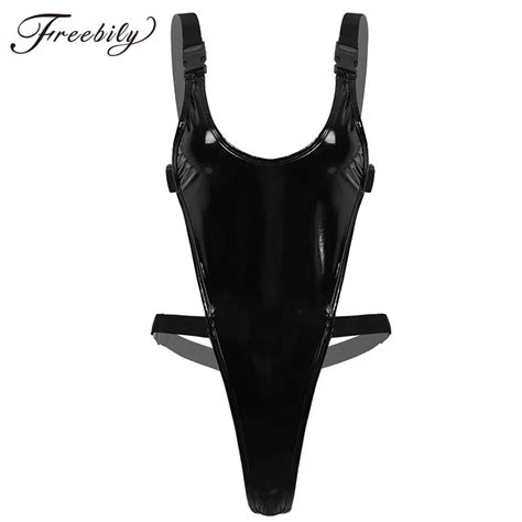 Womens Latex Catsuit Wet Look Patent Leather Lingerie Deep U Neck Backless High Cut Buckle Thong