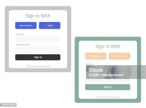 화면에 계정 로그인 및 암호 양식 페이지 로그인 페이지 자세한 설명과 함께 웹 양식에 가입하십시오 버튼과 입력으로 팝업하십시오 Ui Ux 웹 요소 벡터 스톡 일러스트레이션