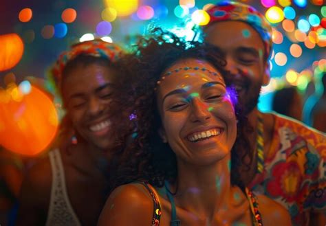 A Woman With A Colorful Headband Is Smiling With A Man Wearing A