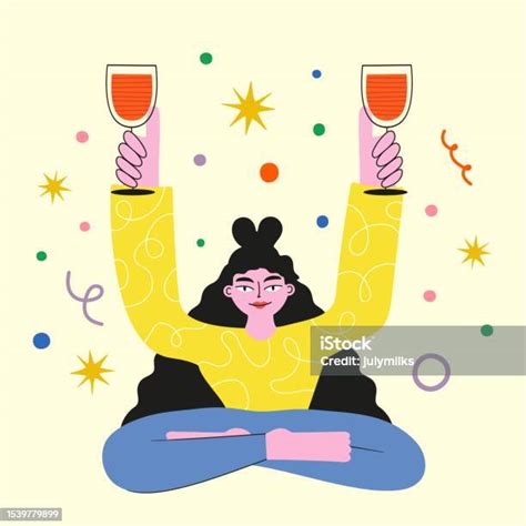 명상 요가를 하는 여자가 적포도주 잔을 들고 포즈를 취하는 벡터 삽화 파티 축하 낙서 요소 검은색에 대한 스톡 벡터 아트 및 기타 이미지 Istock