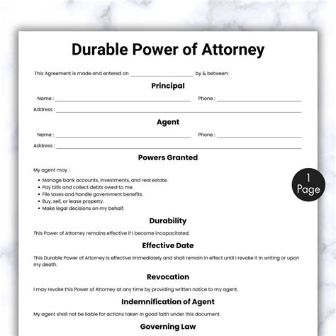 Simple Durable Power Of Attorney Template One Page Durable Financial