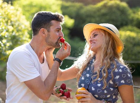 Happy Junges Vivaciales Paar Beim Picknick In Der Natur Stockbild