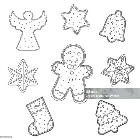 개요 진저 브레드 쿠키 남자 크리스마스 트리 별 양말 천사의 세트 벡터 일러스트 레이 션 갈색에 대한 스톡 벡터 아트 및 기타 이미지 Istock