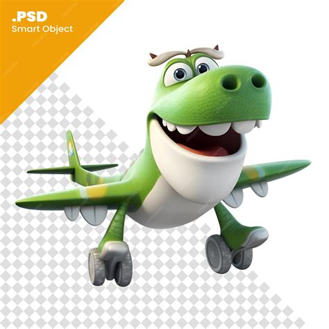 Personaje De Dibujos Animados De Cocodrilo Con Un Avión Sobre Una Plantilla Psd De Fondo Blanco