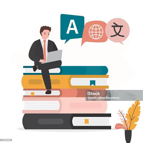 책에 앉아서 노트북을 사용하는 젊은 사업가 학생이 외국어를 말하고 배웁니다 번역 글로벌 또는 다국어 교육 교과서에 대한 스톡 벡터 아트 및 기타 이미지 Istock
