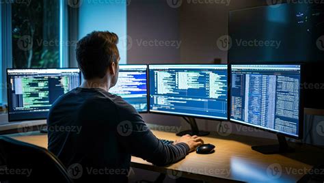Programmer Working On A Computer In A Dark Office Late At Night AI