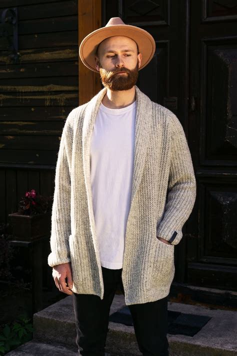 Soft Merino Wool Mens Cardigan Hand Knitted Woolen Sweater Open