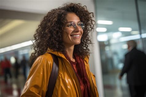 Premium Photo Smiling Woman With Curly Hair And Glasses