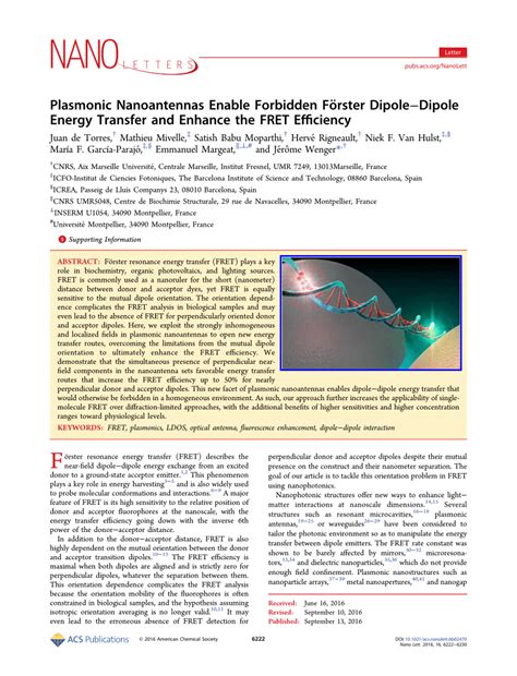 Pdf Plasmonic Nanoantennas Enable Forbidden Förster Dipole Dipole