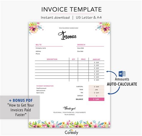 Invoice Template Word Auto Calculate Printable Invoice Design Editable MS Word Format