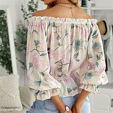 Damen Off Shoulder Bluse Schulterfrei Tops Blumen Muster Oberteile