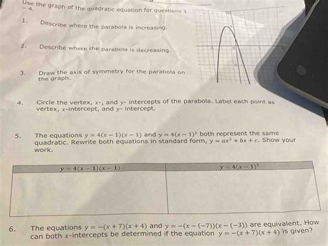 solved use the graph of the quadratic equation for questions 1 4 1