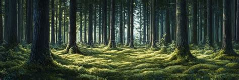A Serene Forest Scene With Tall Trees Sunlight Filtering Through The