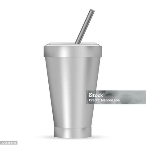 흰색 배경에 분리 된 금속 음료 용기 차 커피 또는 차가운 액체를위한 강철 빨대가있는 보온병 크롬 머그잔 브랜딩을 위한 공간을 복사합니다 벡터 3d 그림입니다 마시는 컵