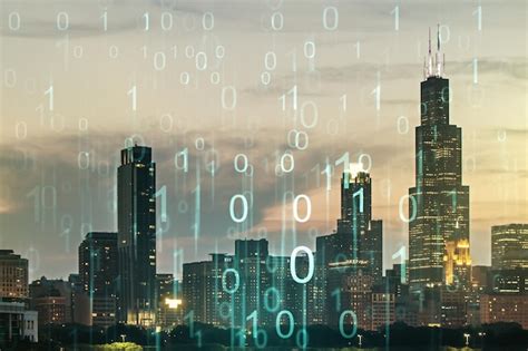 Premium Photo Abstract Virtual Binary Code Hologram On Chicago Cityscape Background Ai And