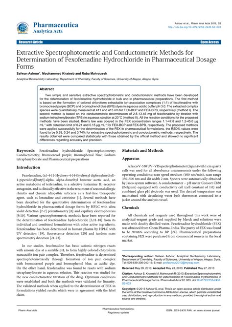 Pdf Extractive Spectrophotometric And Conductometric Methods For Determination Of Fexofenadine